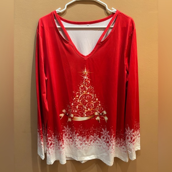 Tops | Elegant Festive Red Christmas Tree Long Sleeve Top Size Xxl Nwot ...